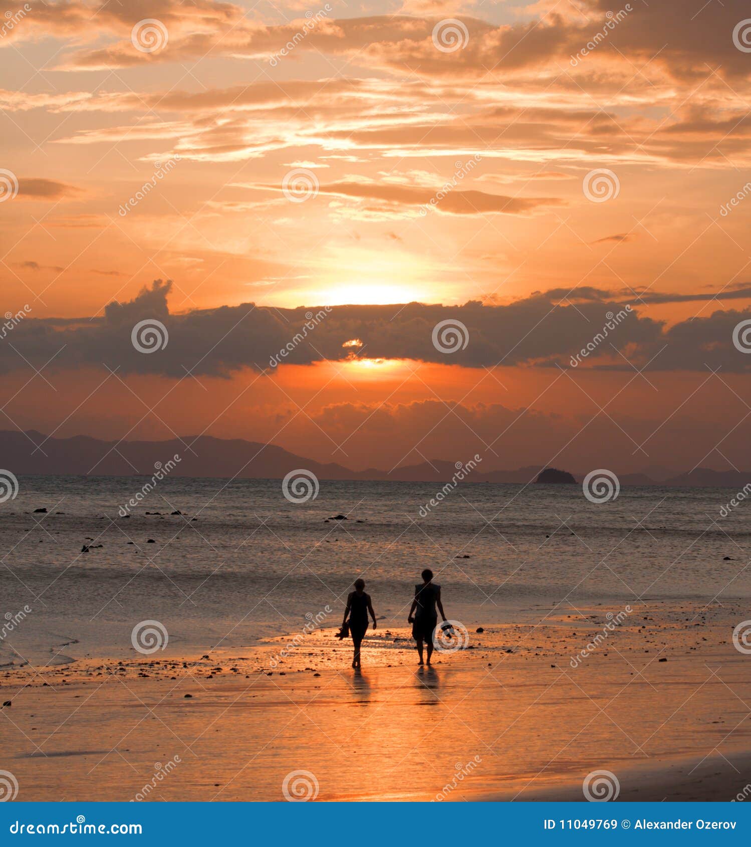 Two Peoples on Beach and Sunset Stock Image - Image of happy, mountain ...