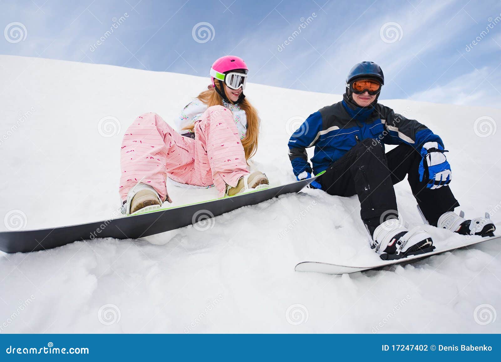 Two Person Sit on Snow and Preparing To Ride Stock Photo - Image of ...