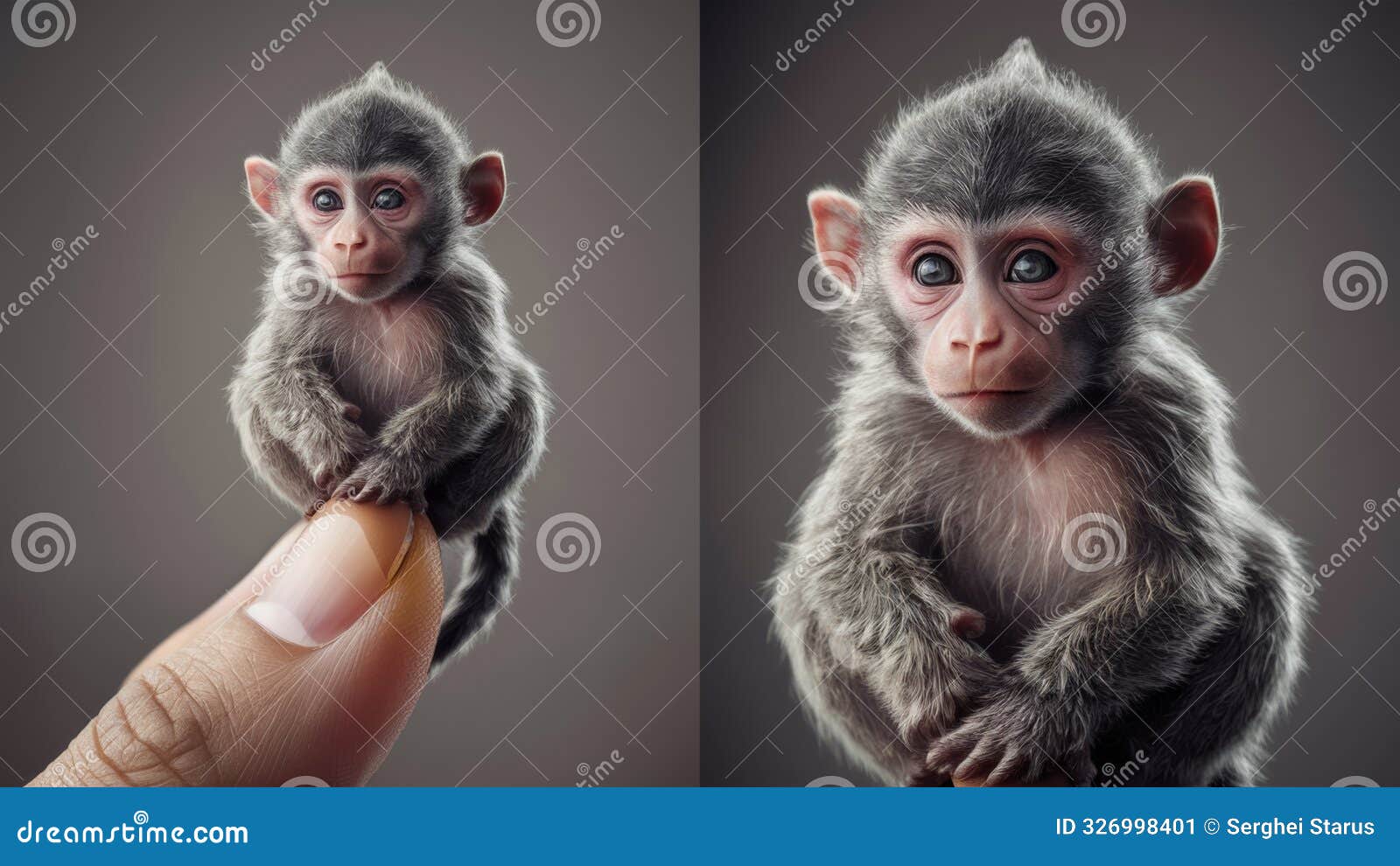 Two Pictures of a Baby Monkey Sitting on the Finger, AI Stock Image ...