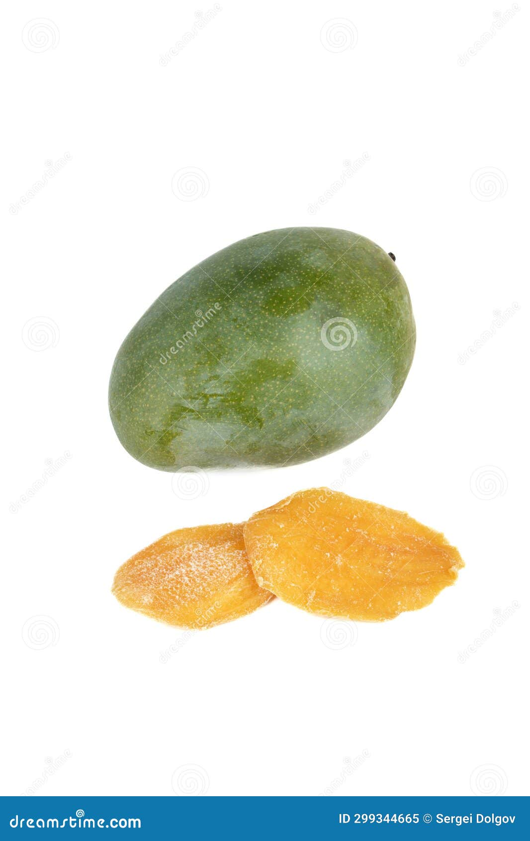 Two Pieces of Dried Mango and a Whole Mango Fruit on a White Background ...