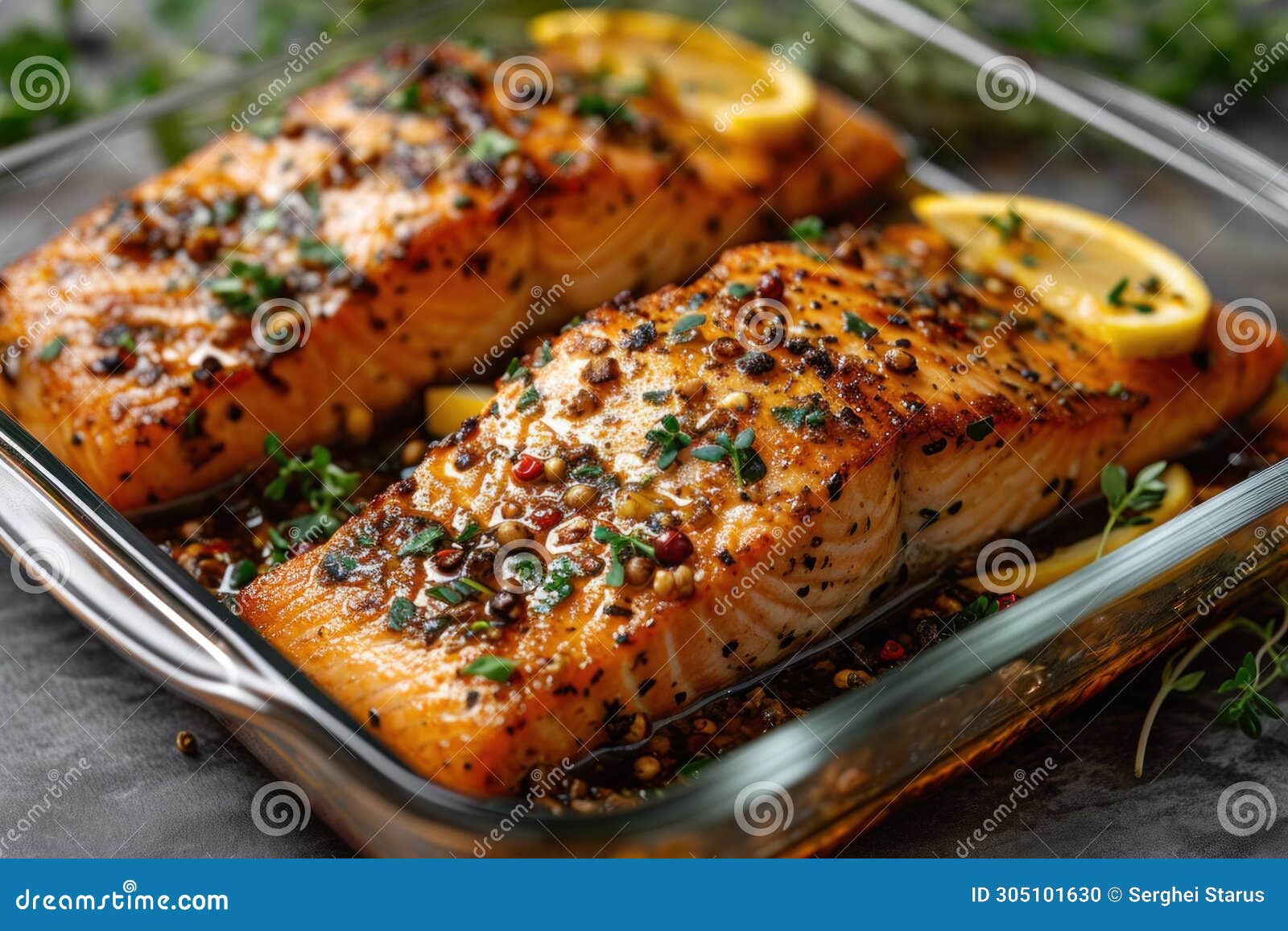 Two Pieces of Fish are in a Glass Dish with Lemon and Herbs, AI Stock ...