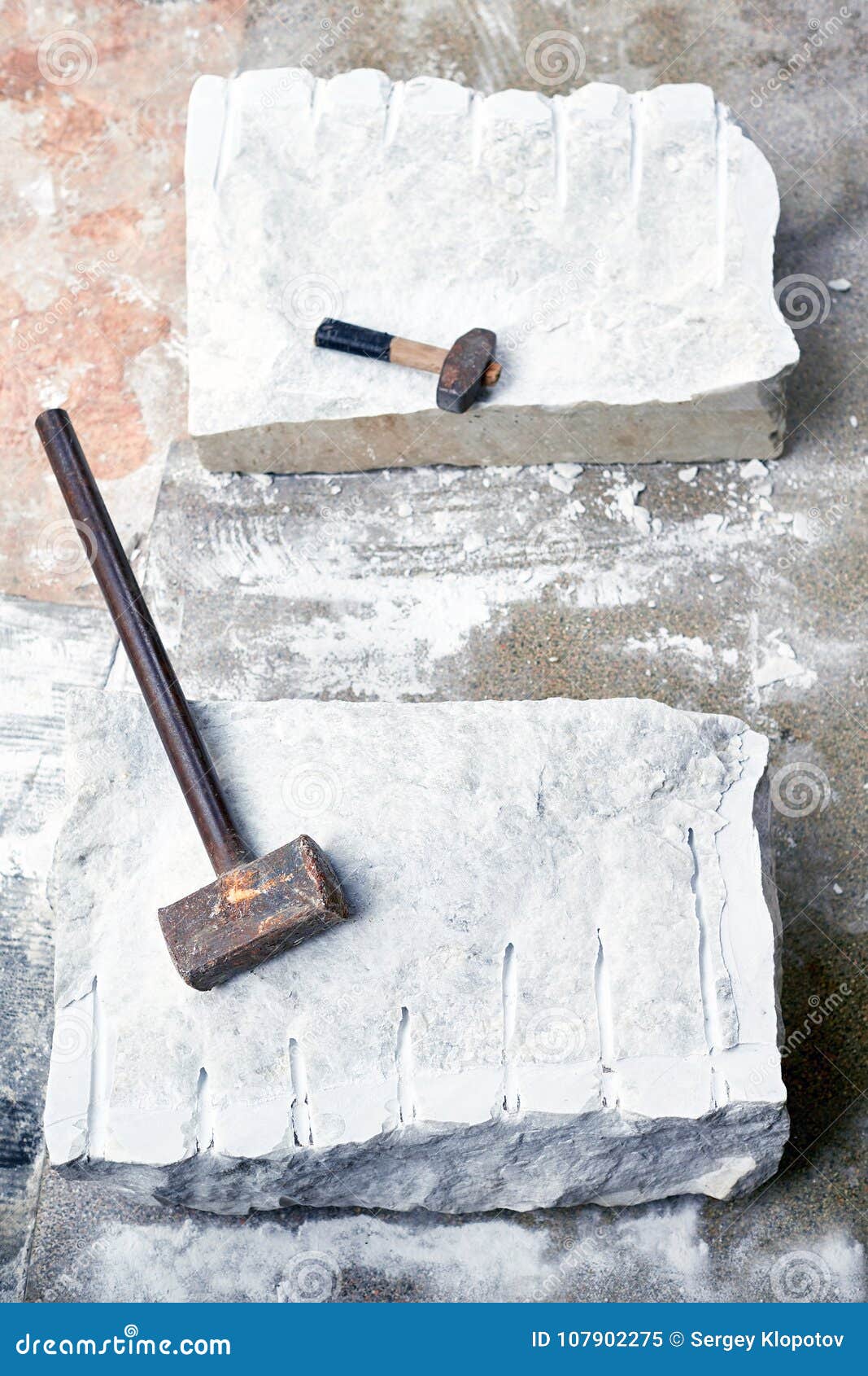 Two Pieces of Marble with Hammers with Traces of Drilling. Stock Image ...