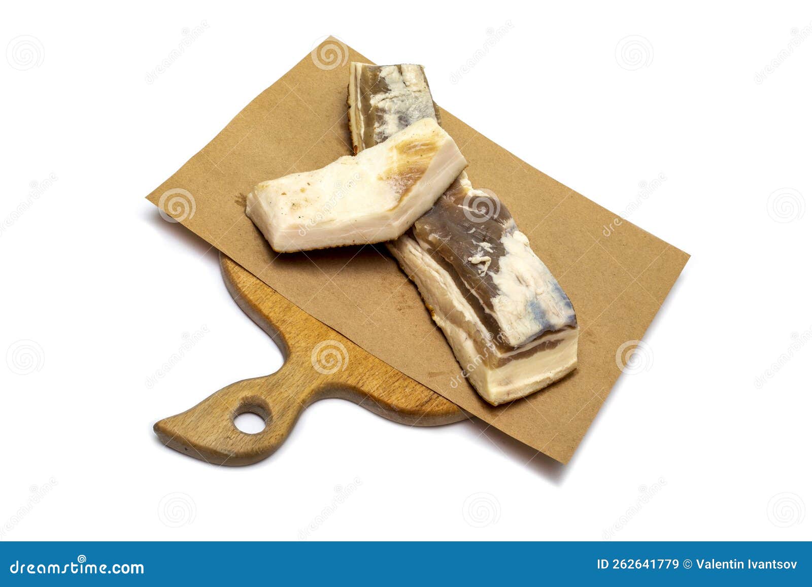 Two Pieces of Salted Bacon on the Kitchen Board Stock Image - Image of ...