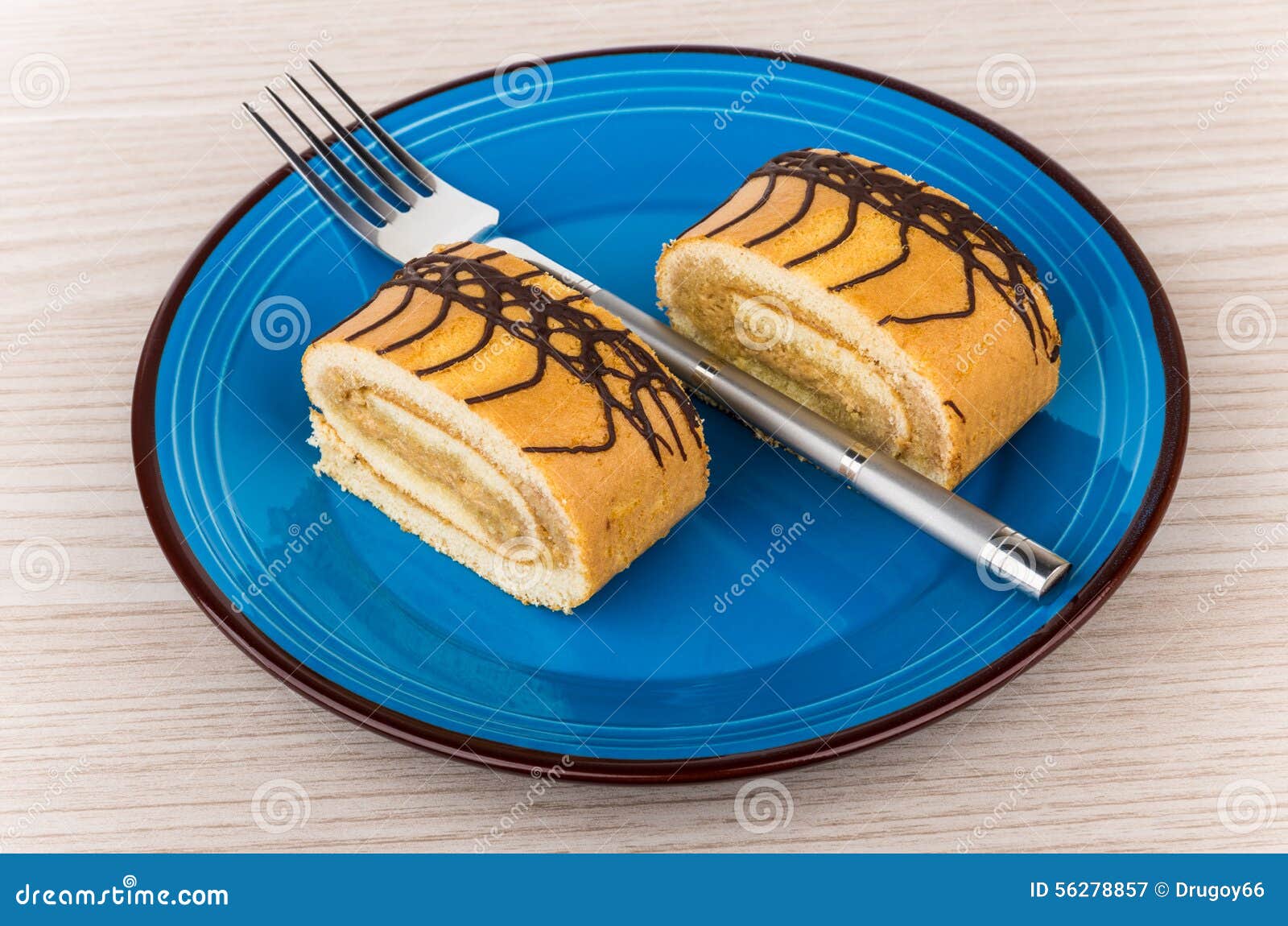 Two Pieces of Sweet Roll Cake in Plate and Fork Stock Image - Image of ...