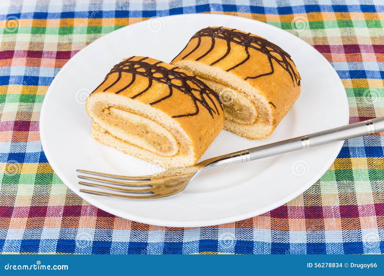 Two Pieces of Sweet Roll Cake in Plate and Fork Stock Photo - Image of ...