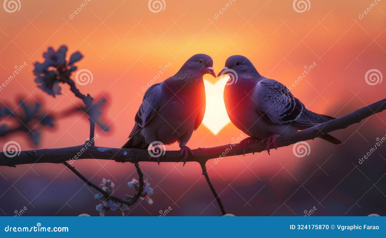 Two Pigeons on a Branch with Heart-shaped Sunset in the Background ...