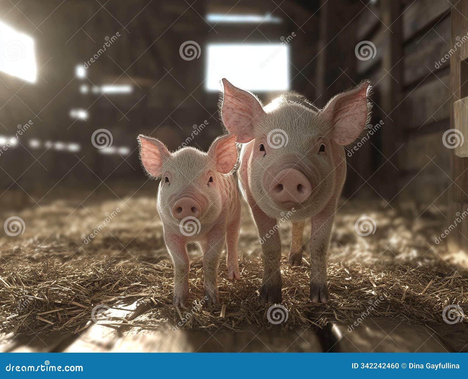 Two Piglets Standing Together in a Barn, Looking at the Camera in a ...
