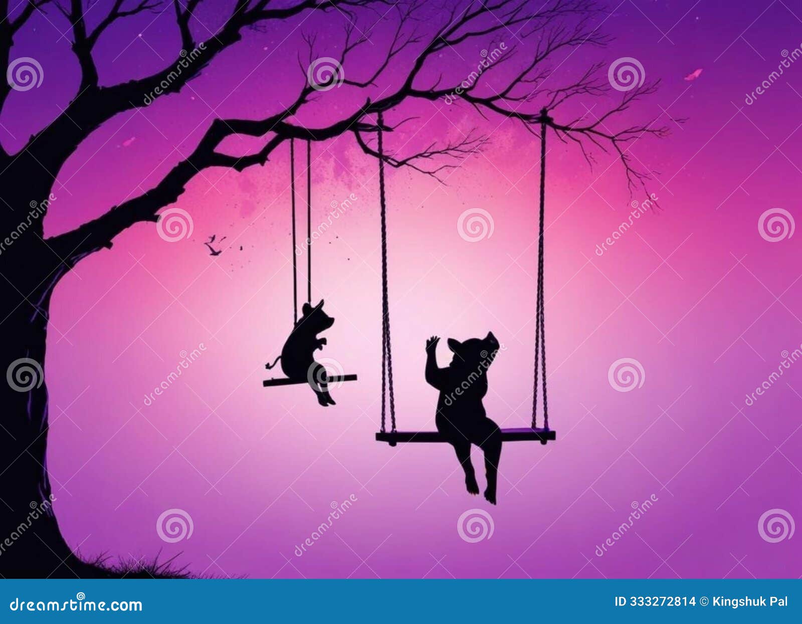 Two Pigs Swing at Night with Silhouetted Tree and Pig Stock ...