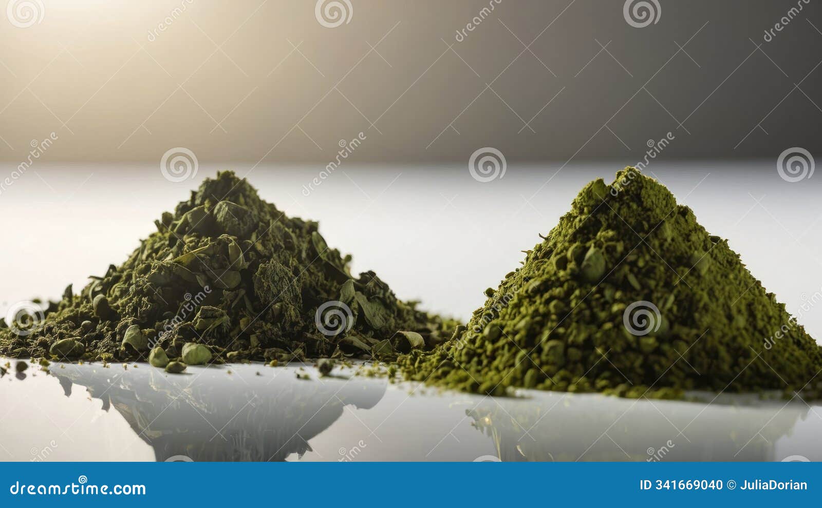 Two Piles of Bright Green Powder with Fine Texture on a Smooth White ...