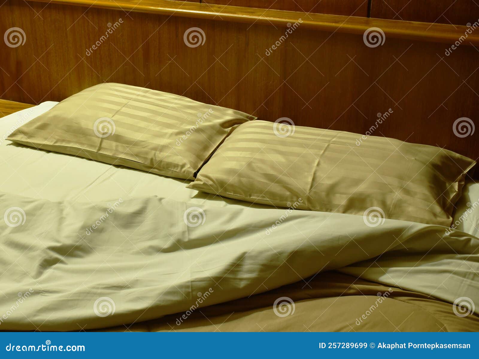 Two Pillow and Blanket Opened for One People on Pair Bed in Night Stock ...