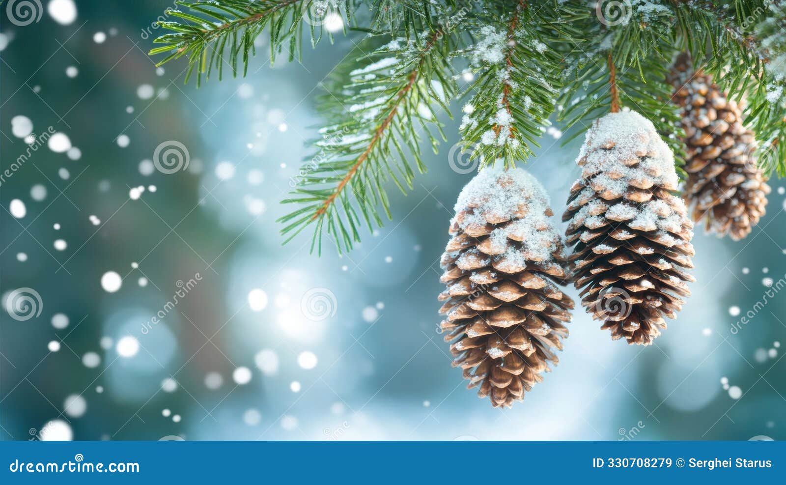 Two Pine Cones are Hanging from a Tree Branch with Snow Falling, AI ...