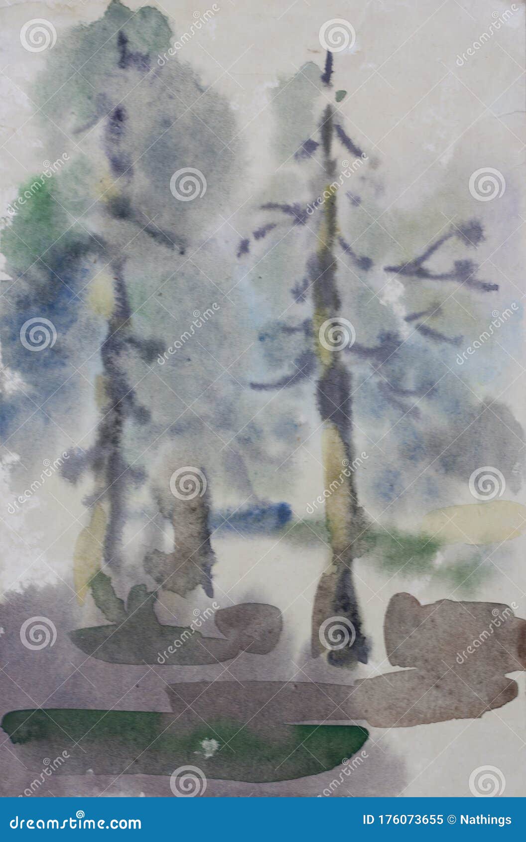 Two Pine Tree Primitive Watercolor Art in Diffuse Wet Style Stock Image ...