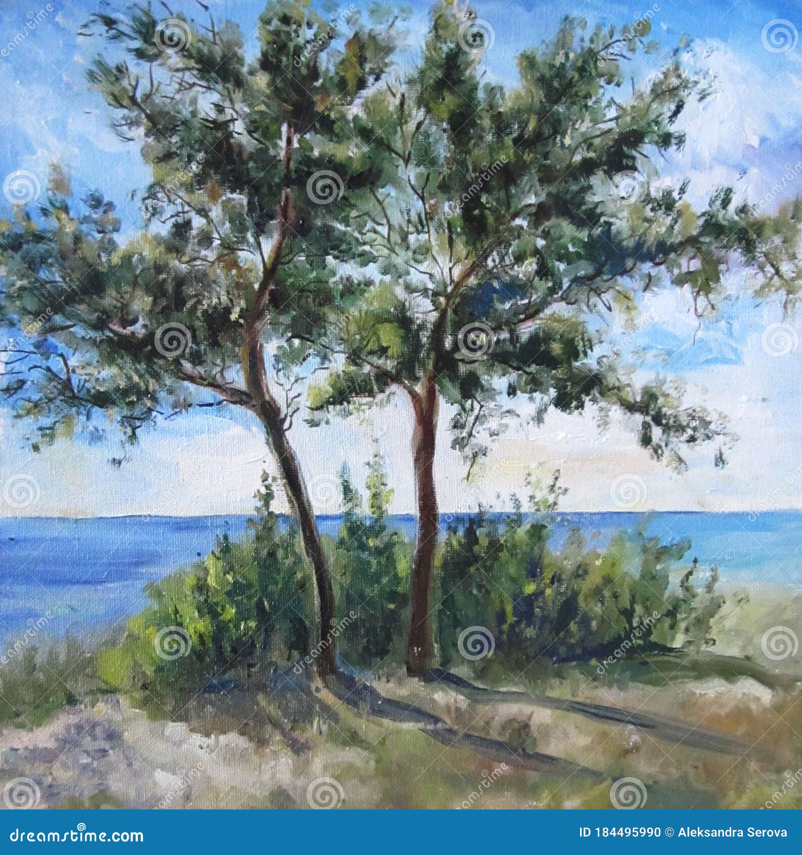 Two Pine Trees on the Beach in Summer, Oil Painting Stock Illustration ...