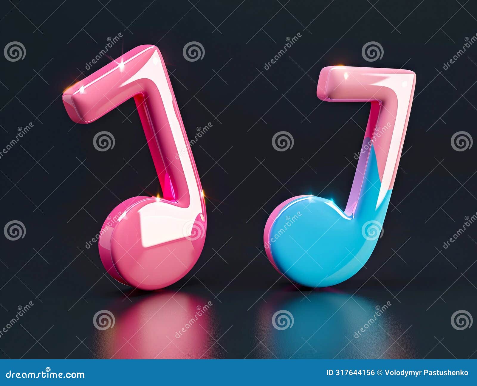Two Pink and Blue Musical Notes on a Black Background Stock Photo ...