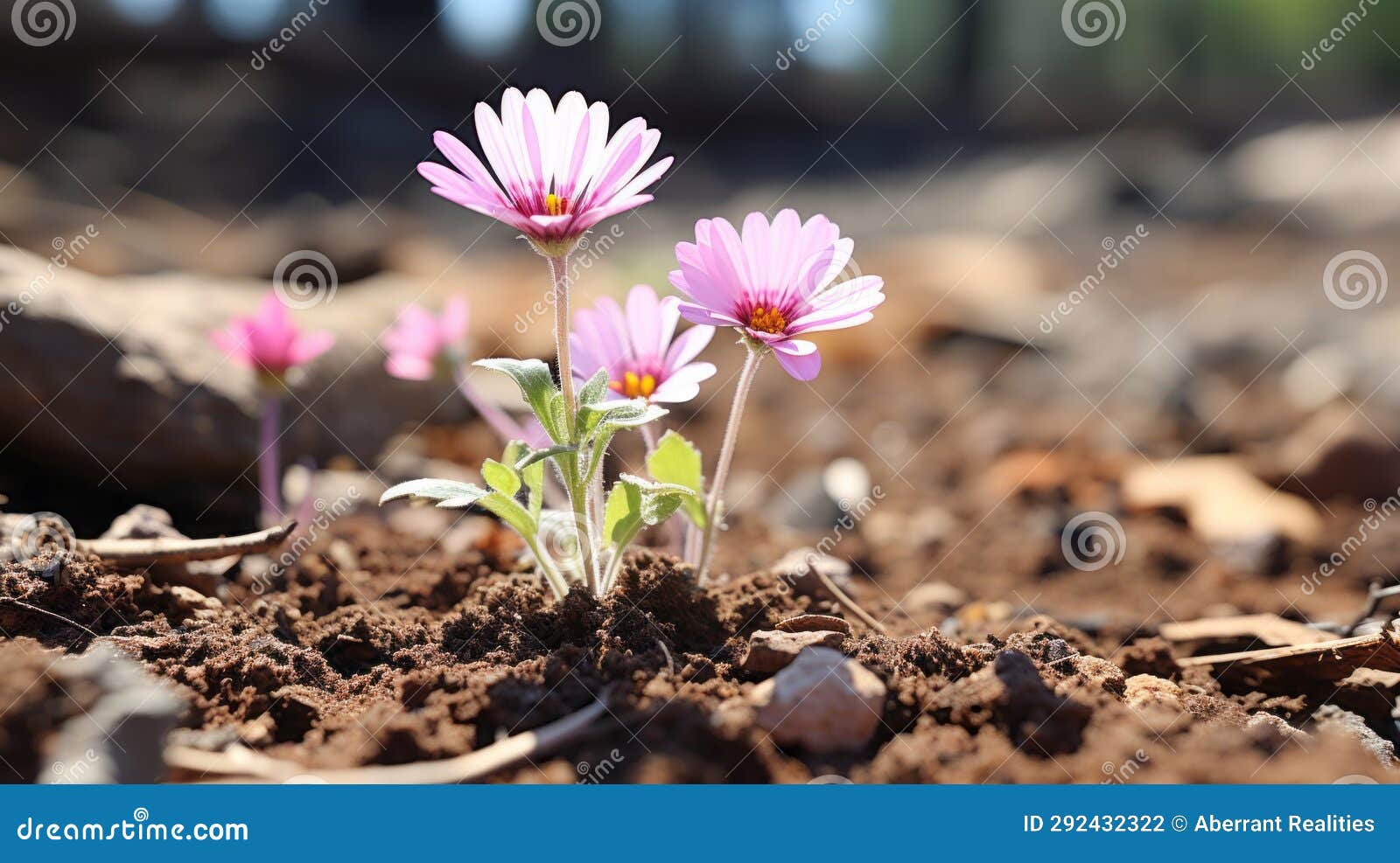 Two Pink Flowers Growing Out of the Ground in the Dirt Stock ...