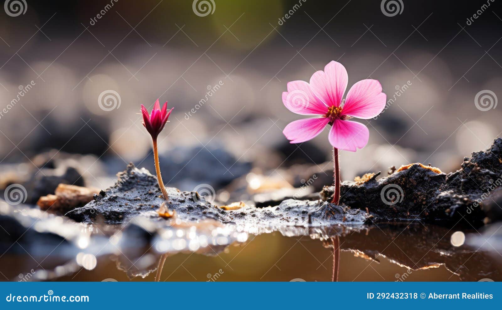 Two Pink Flowers Growing Out of the Ground in a Puddle of Water Stock ...