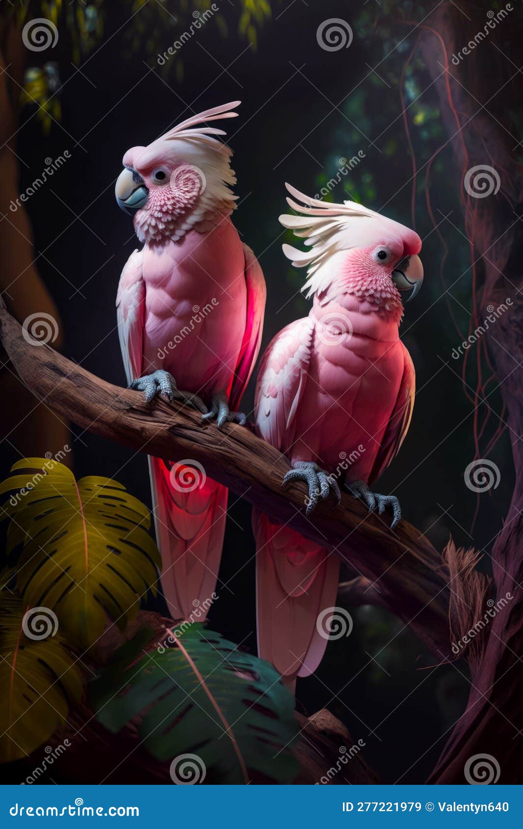 Two Pink Parrots Perched on Tree Branch in Tropical Forest Setting ...