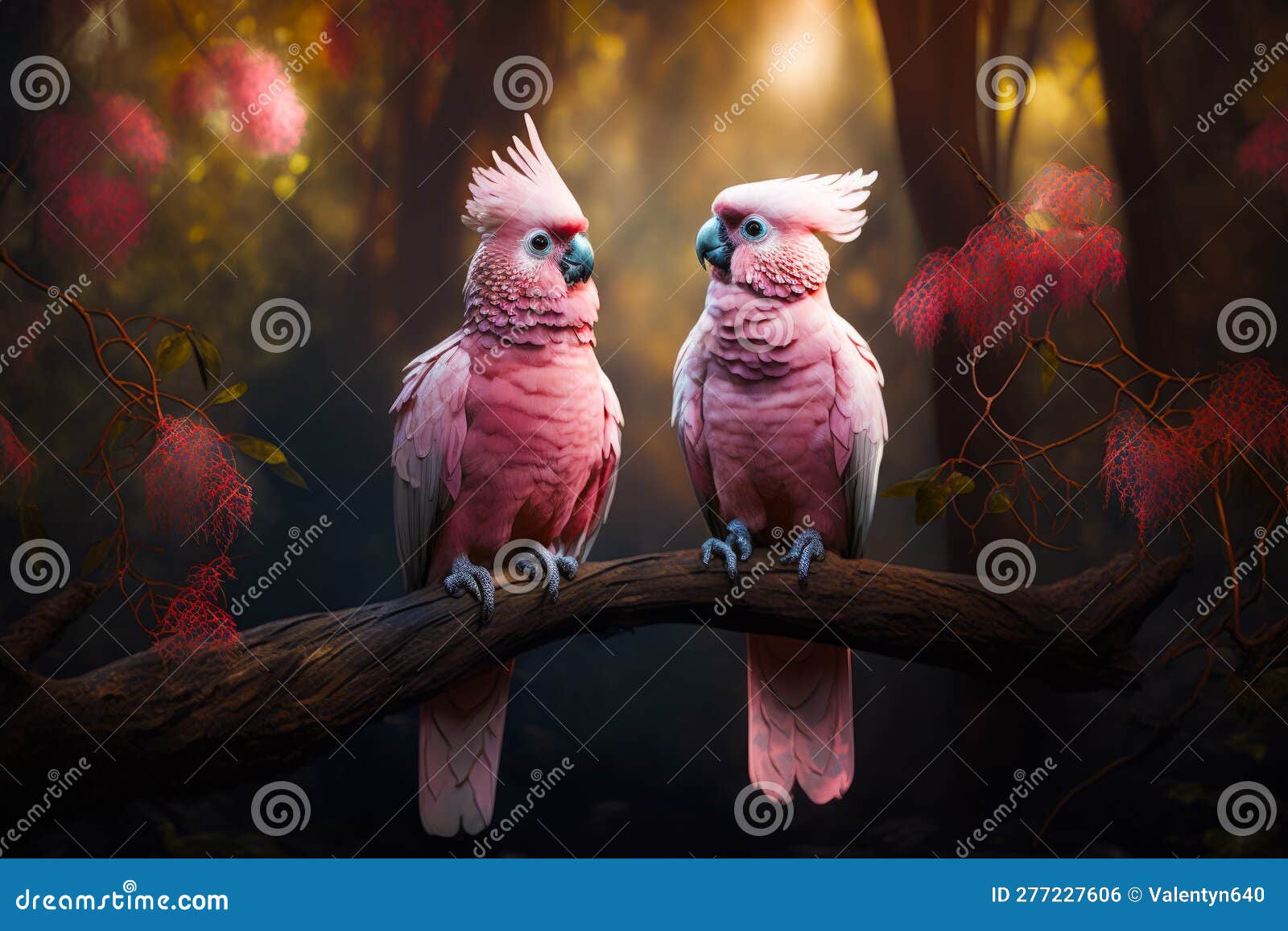 Two Pink Parrots Sitting on Tree Branch in Forest with Red Flowers ...