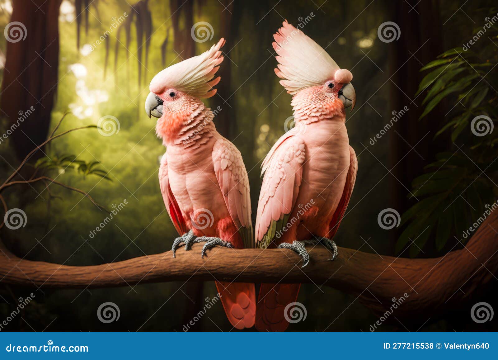 Two Pink Parrots Sitting on Tree Branch in Forest with Trees in the ...