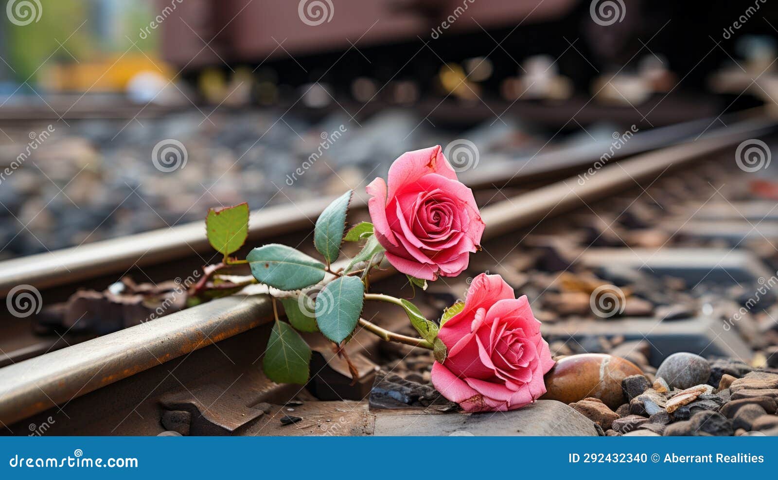 Two Pink Roses Sit on the Rail of a Train Track Stock Illustration ...