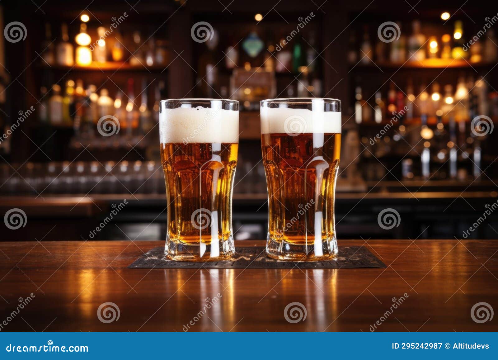 Two Pint Glasses Filled with Beer Touching Each Other on a Bar Stock ...