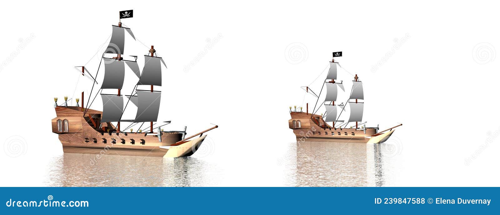 Two Pirate Ships on the Water - 3D Render Stock Illustration ...