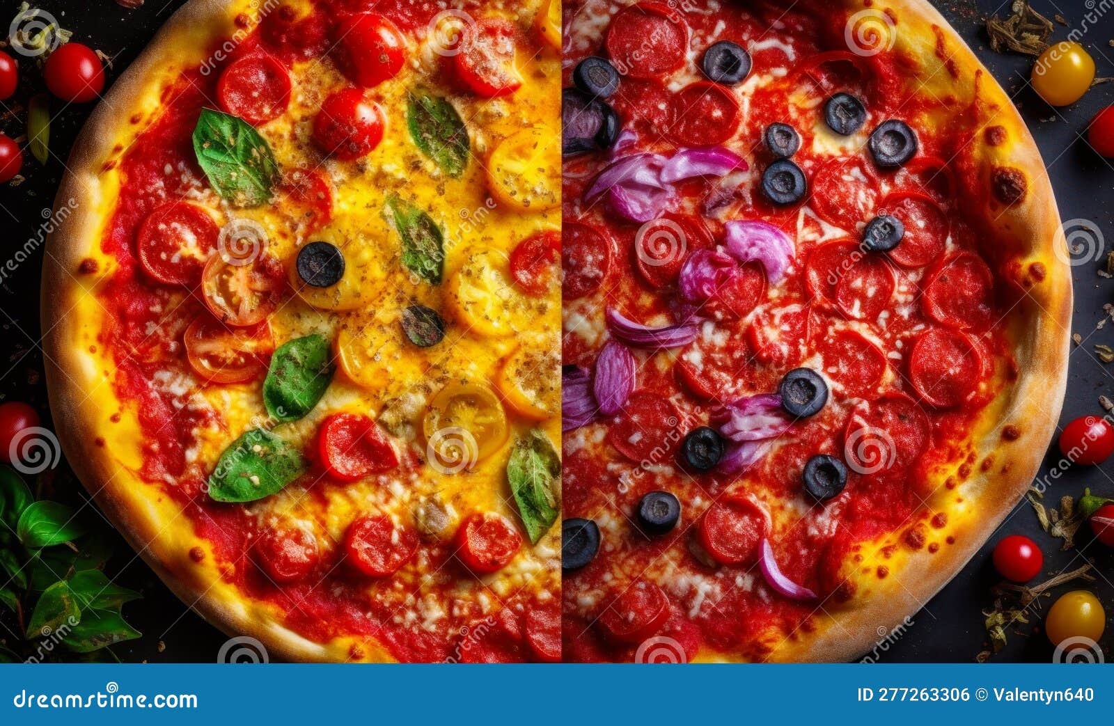 Two Pizzas with Different Toppings are Shown Side by Side on Black ...