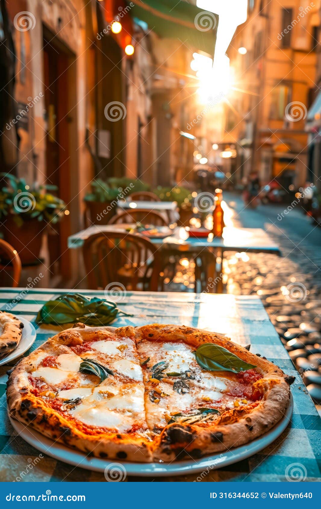 Two Pizzas Sit on Table in Italian Street. Generative AI Stock Photo ...