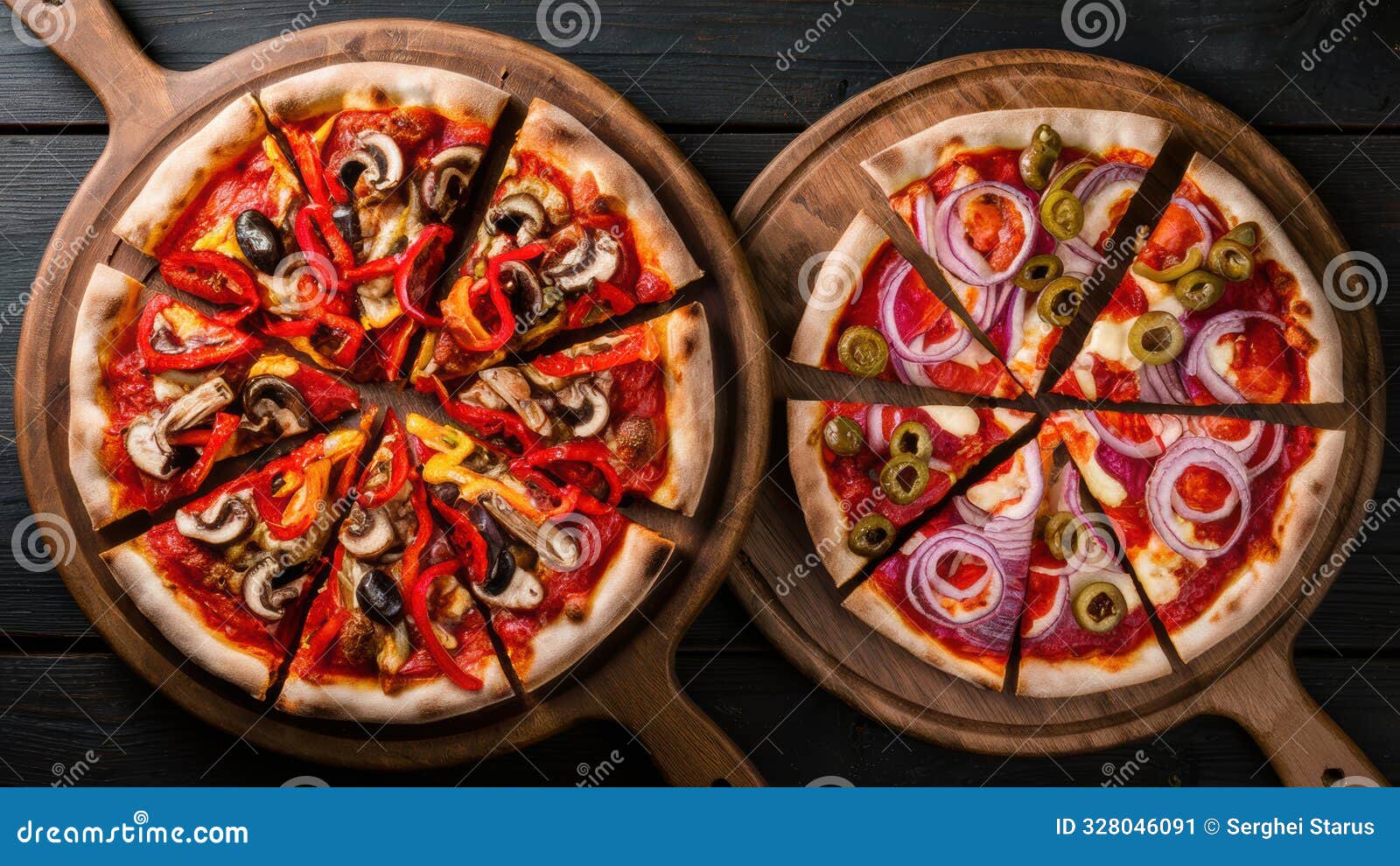 Two Pizzas on Wooden Boards with Different Toppings and Vegetables, AI ...