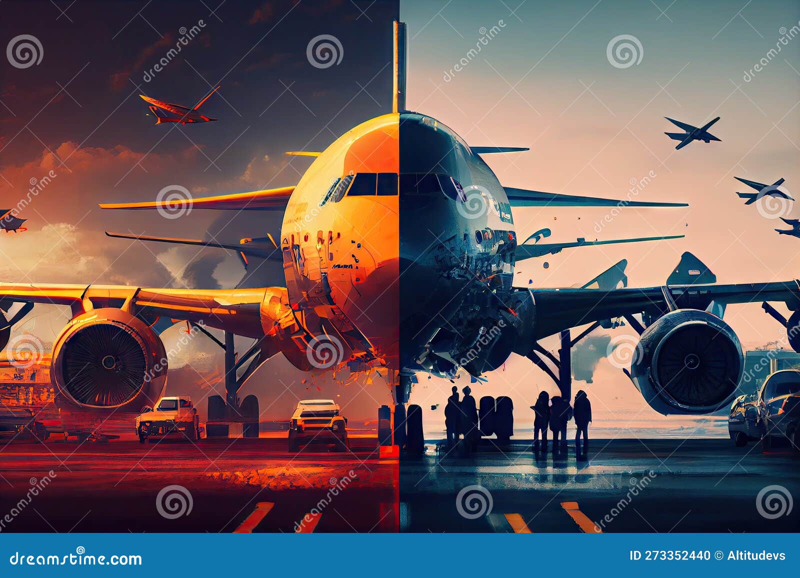 Two Planes, Side by Side on the Tarmac, Surrounded by Bustling Airport ...