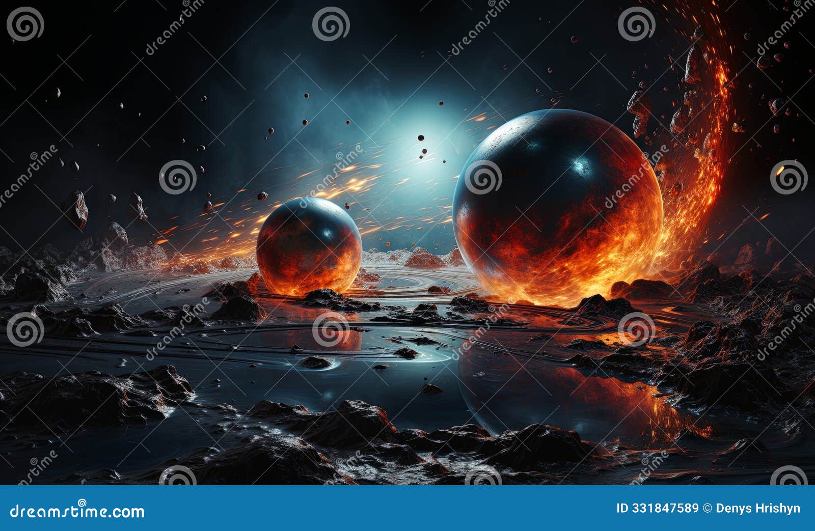 Two Planets Colliding in Space Amidst Fire and Water Stock Image ...