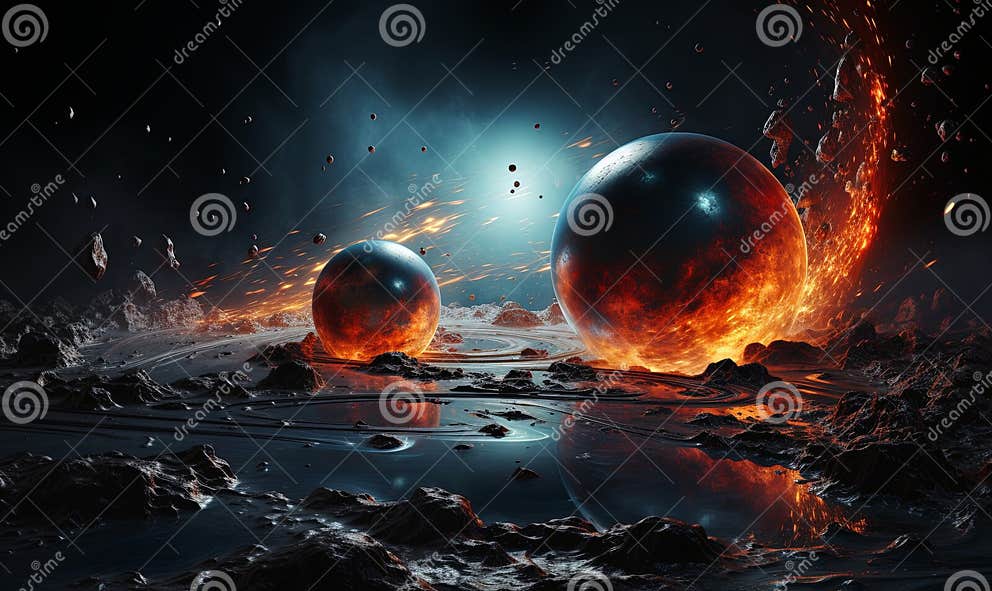 Two Planets Colliding in Space Amidst Fire and Water Stock Image ...