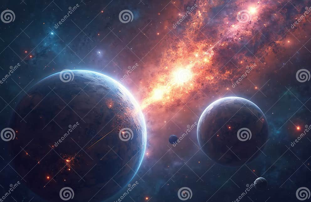 Two Planets Face Cosmic Explosion. Bright Stars Explode with Nebulae ...