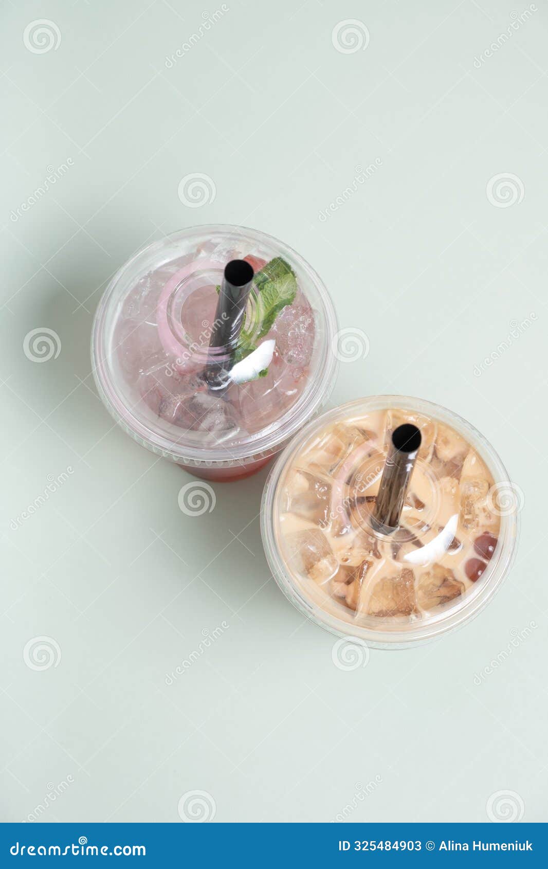 Two Plastic Glasses with Iced Bubble Tea Top View. Trendy Summer Drink ...