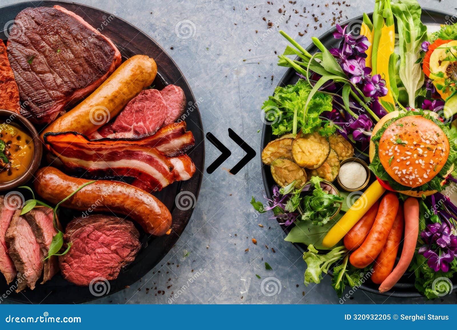 Two Plates of Food with Different Types and Colors on Them, Meat and ...