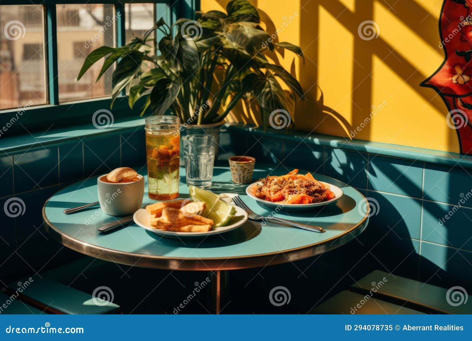 Two Plates of Food Sit on a Blue Table in Front of a Window Stock ...
