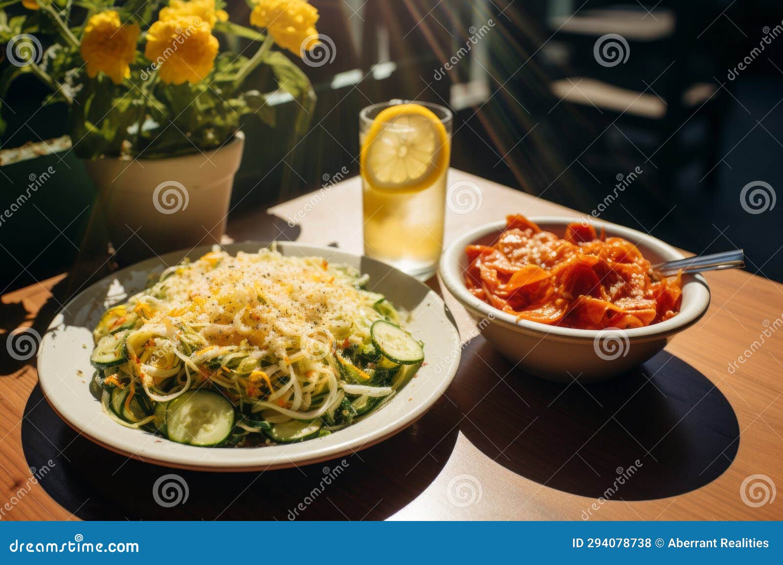 Two Plates of Food Sit on a Table Next To a Glass of Lemonade Stock ...