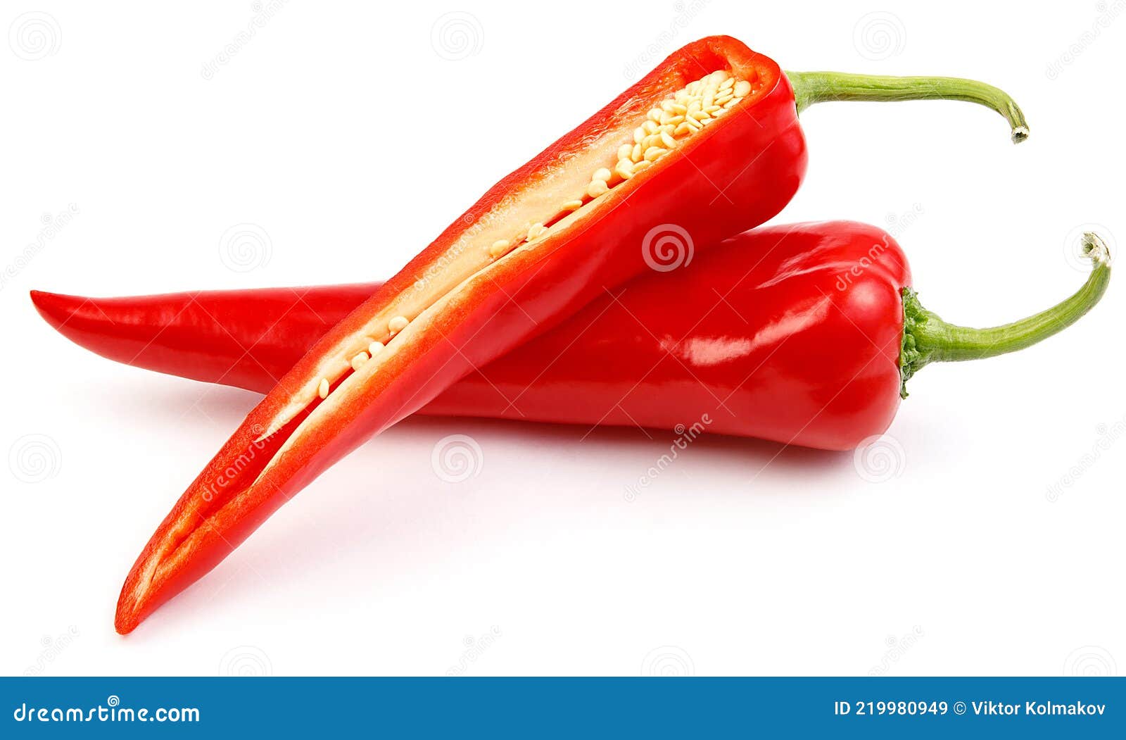 Two Pods of Red Pepper, a Whole and Half are Isolated on a White ...