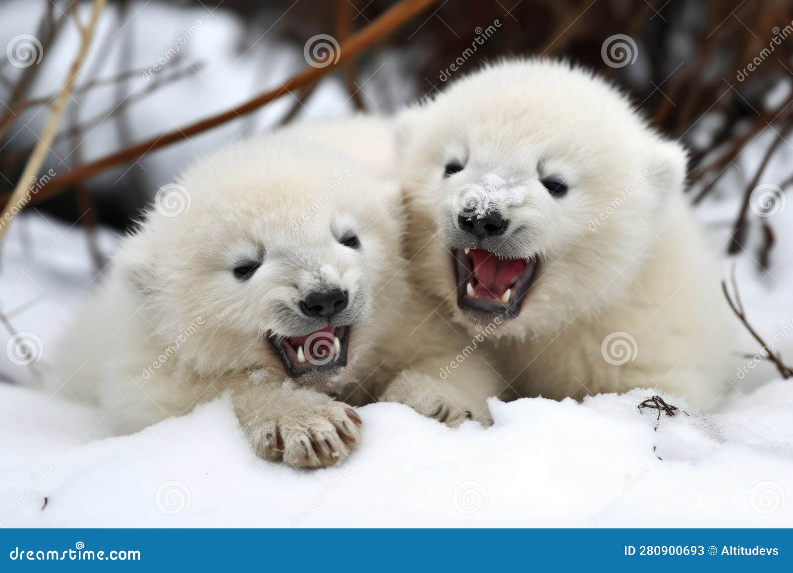 Two Polar Bear Cubs Wrestling in the Snow, Their Claws and Teeth Bared ...