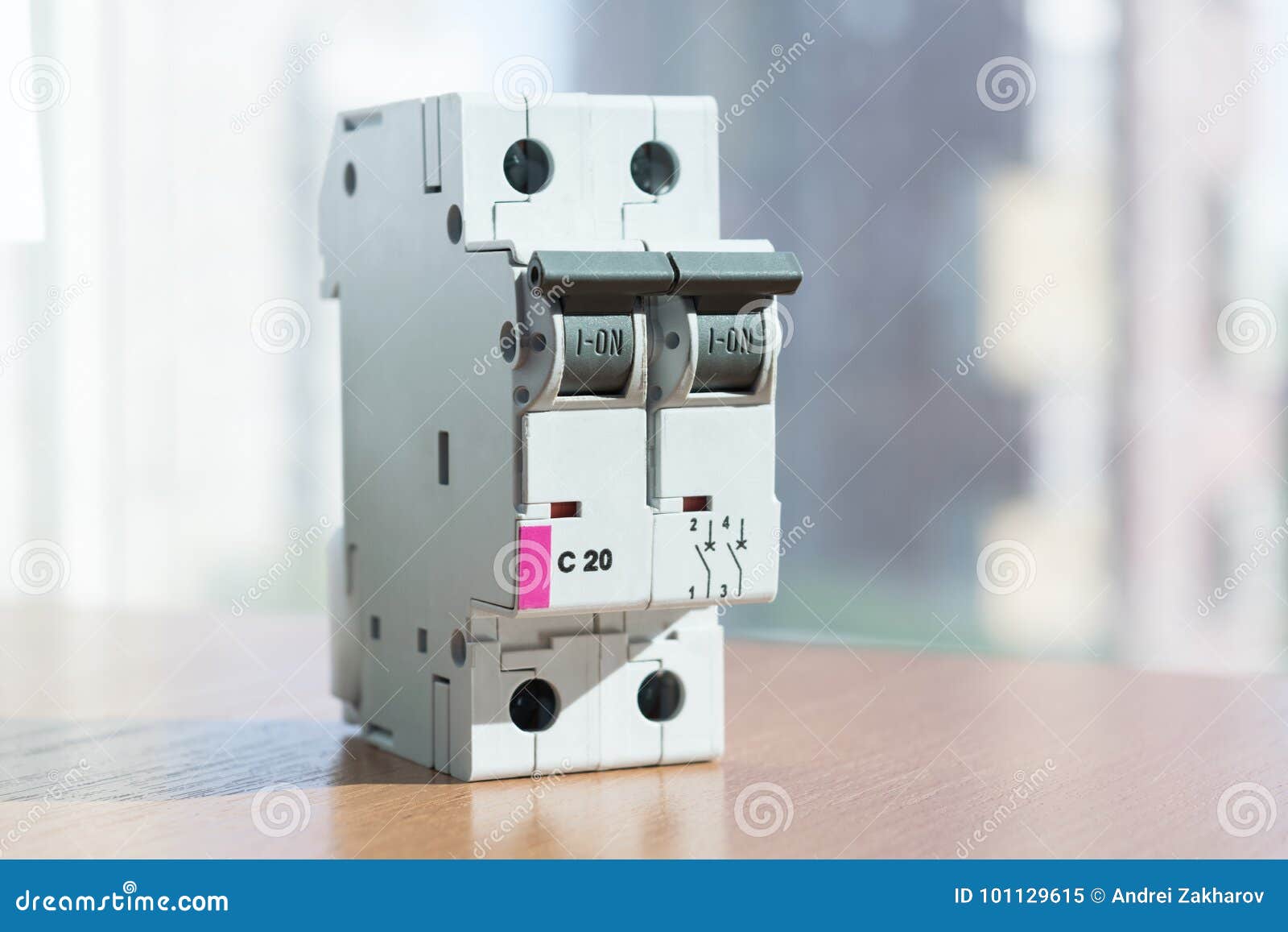 Two-pole Modular Circuit Breaker is on the Table, Front View. Stock ...