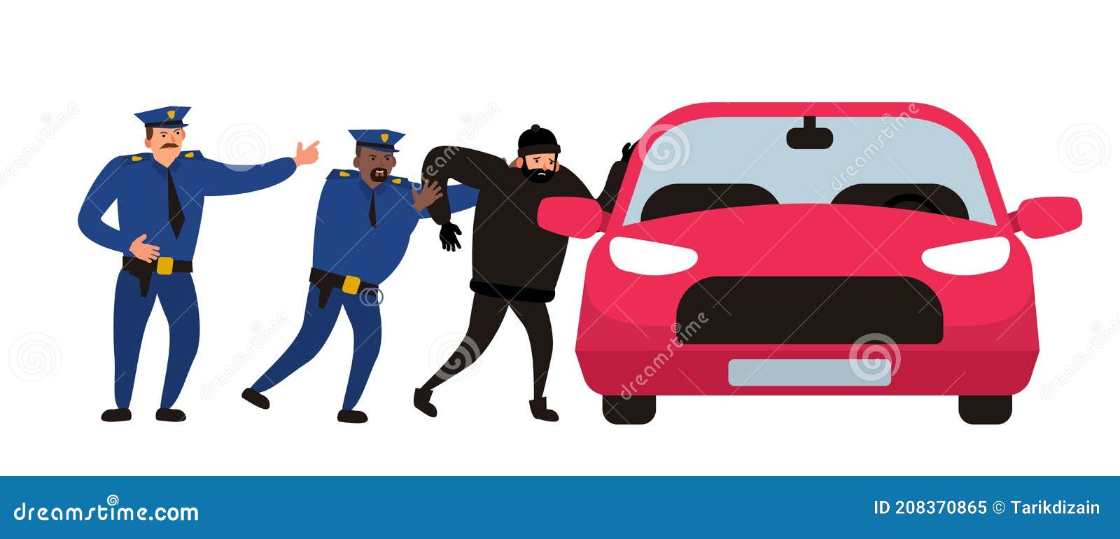Two Policemen Arrest A Car Thief Vector Illustration Stock Vector