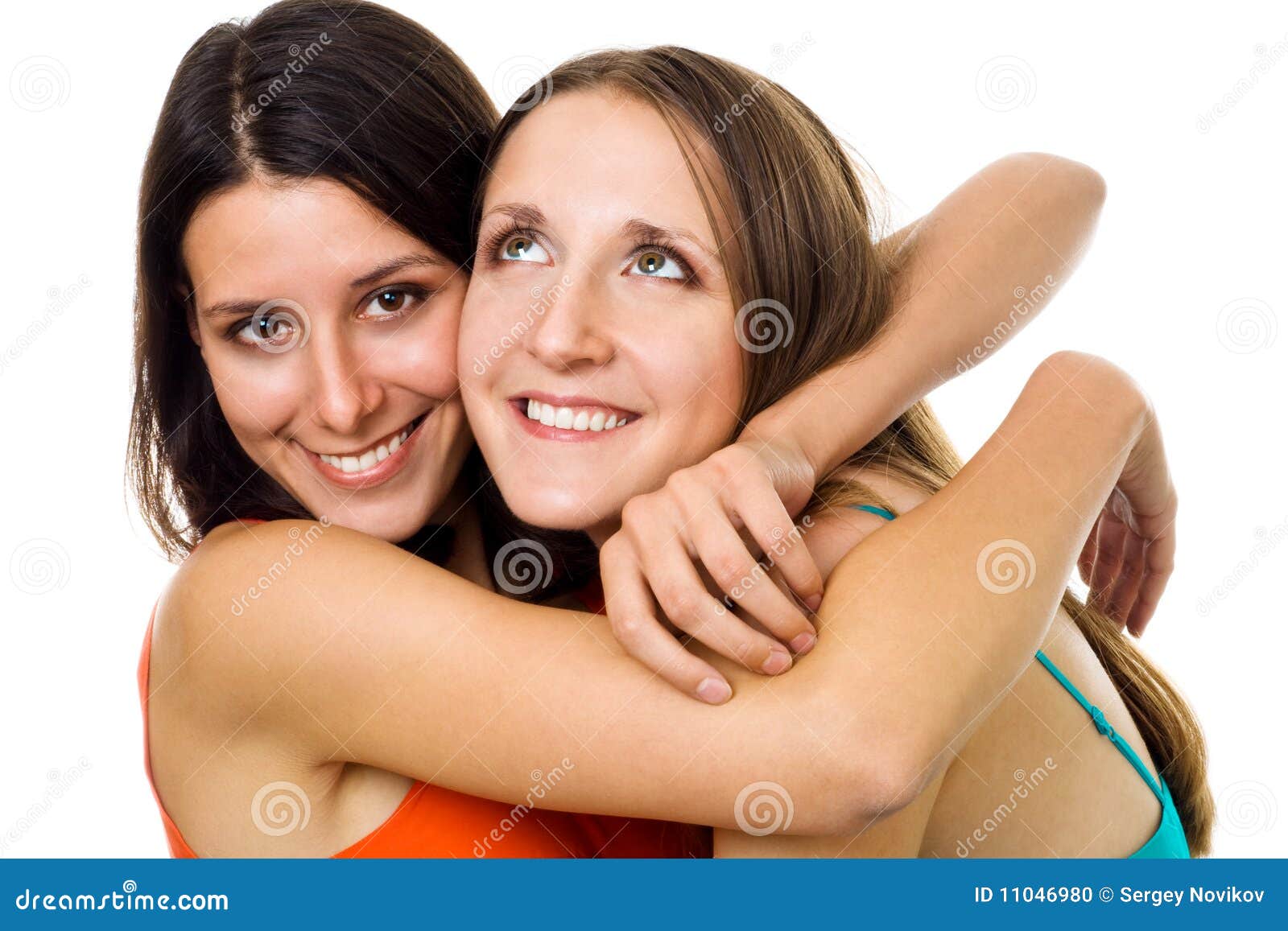 Two Positive Young Woman Smile Hug Stock Photo - Image of isolated ...