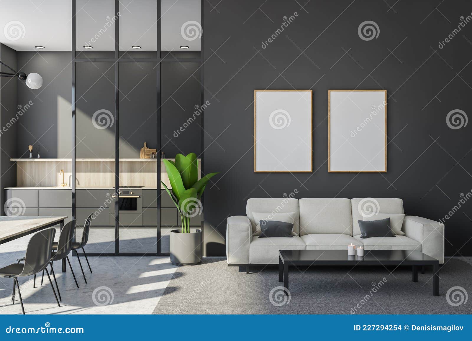 Two Posters in Grey Space with Seating Area and Kitchen Stock ...