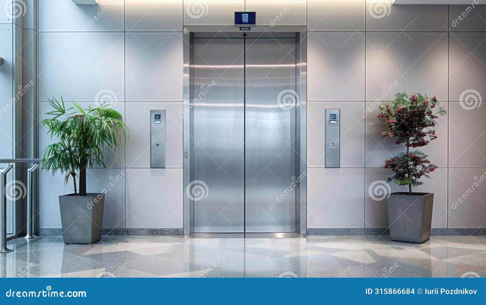 Two Potted Plants Stand in Front of an Empty Elevator in a Building ...