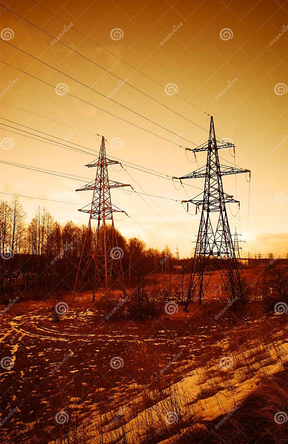 Two Power Lines during Sunset Background Stock Image - Image of ...