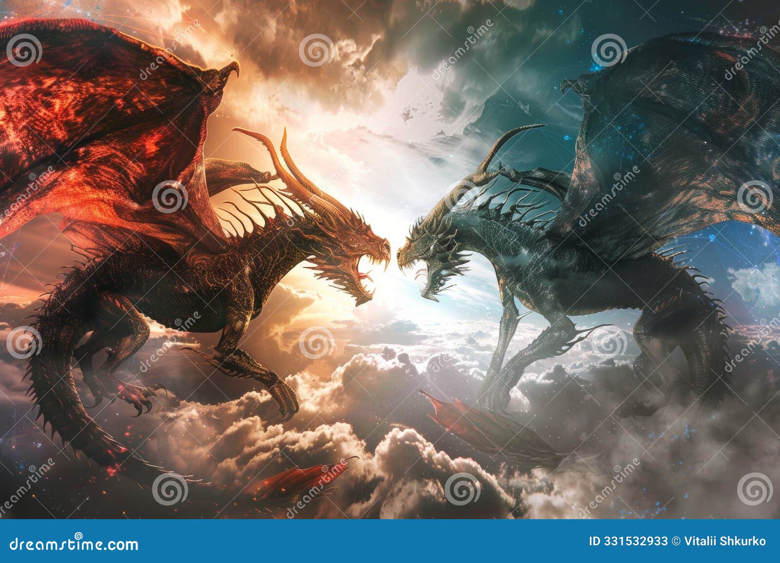 Two Powerful Dragons, One of Fire and One of Ice, Clash in an Epic Mid-air Battle Amidst ...