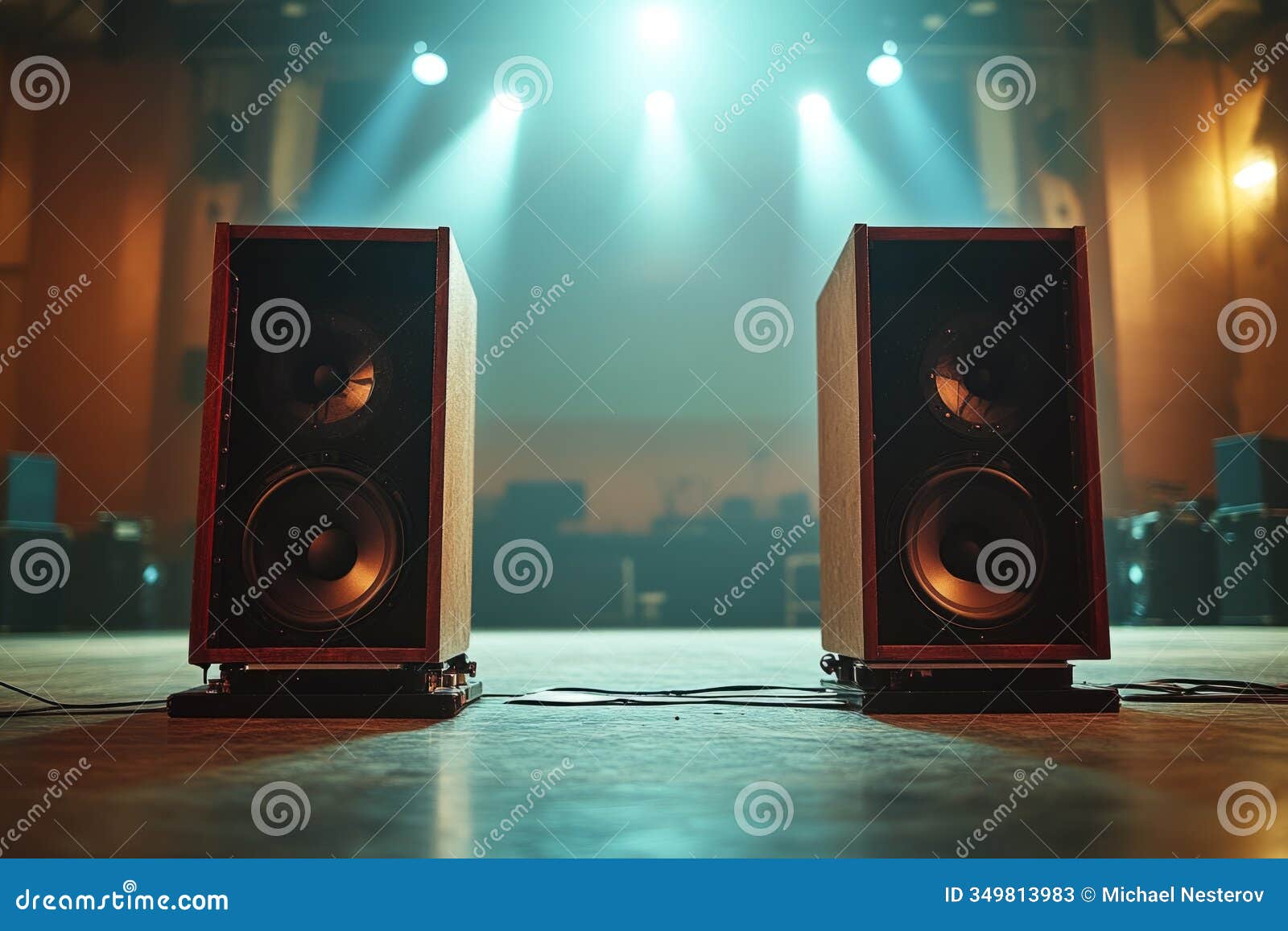 Two Powerful Loudspeakers Standing on Stage Under Concert Lights Stock ...