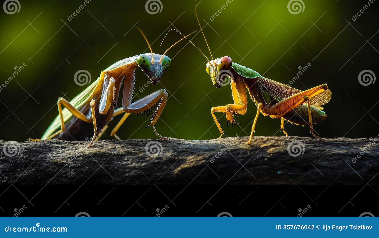 Two Praying Mantis Pose Dramatically on a Branch, Wildlife Portrait on ...