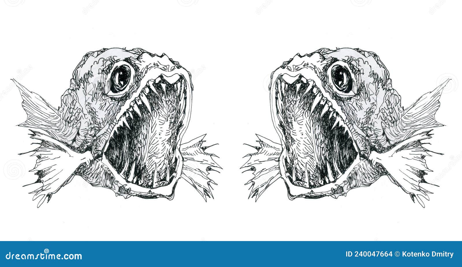 Two Predatory Fish. Deep Sea Creatures. Ink Drawing. Stock Illustration ...