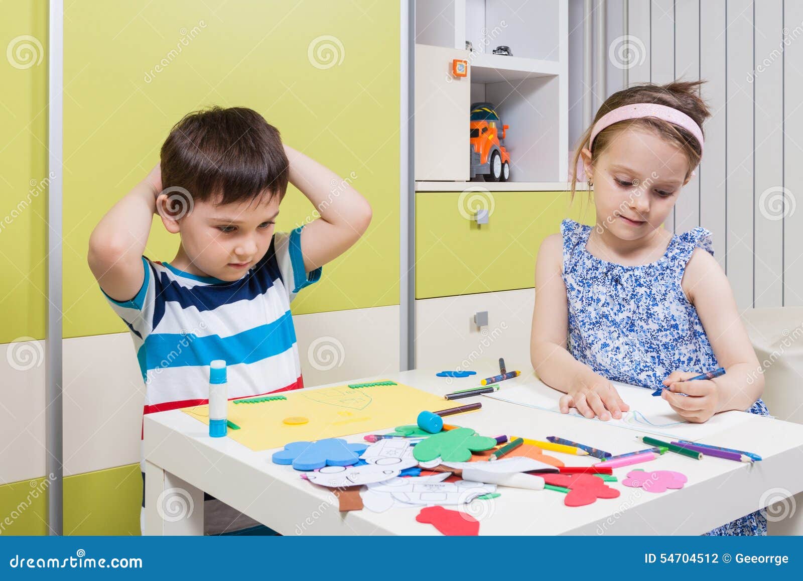 Two Preschool Child Create Shapes and Designs Stock Photo - Image of ...